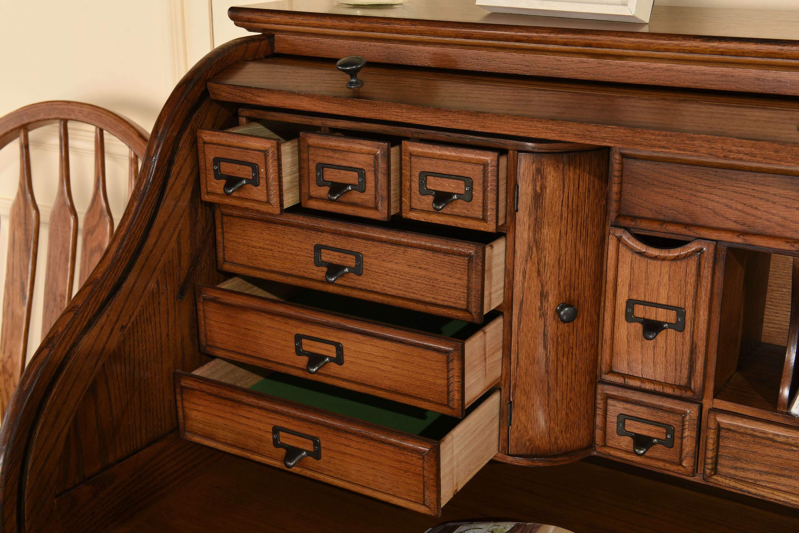 Roll Top Desk Solid Oak Wood - Executive Oak Desk 54"x24"x45" Home Office Secretary Organizer Roll Hutch Top Easy Assembly Quality Crafted Construction Locking File Drawers Dovetailed