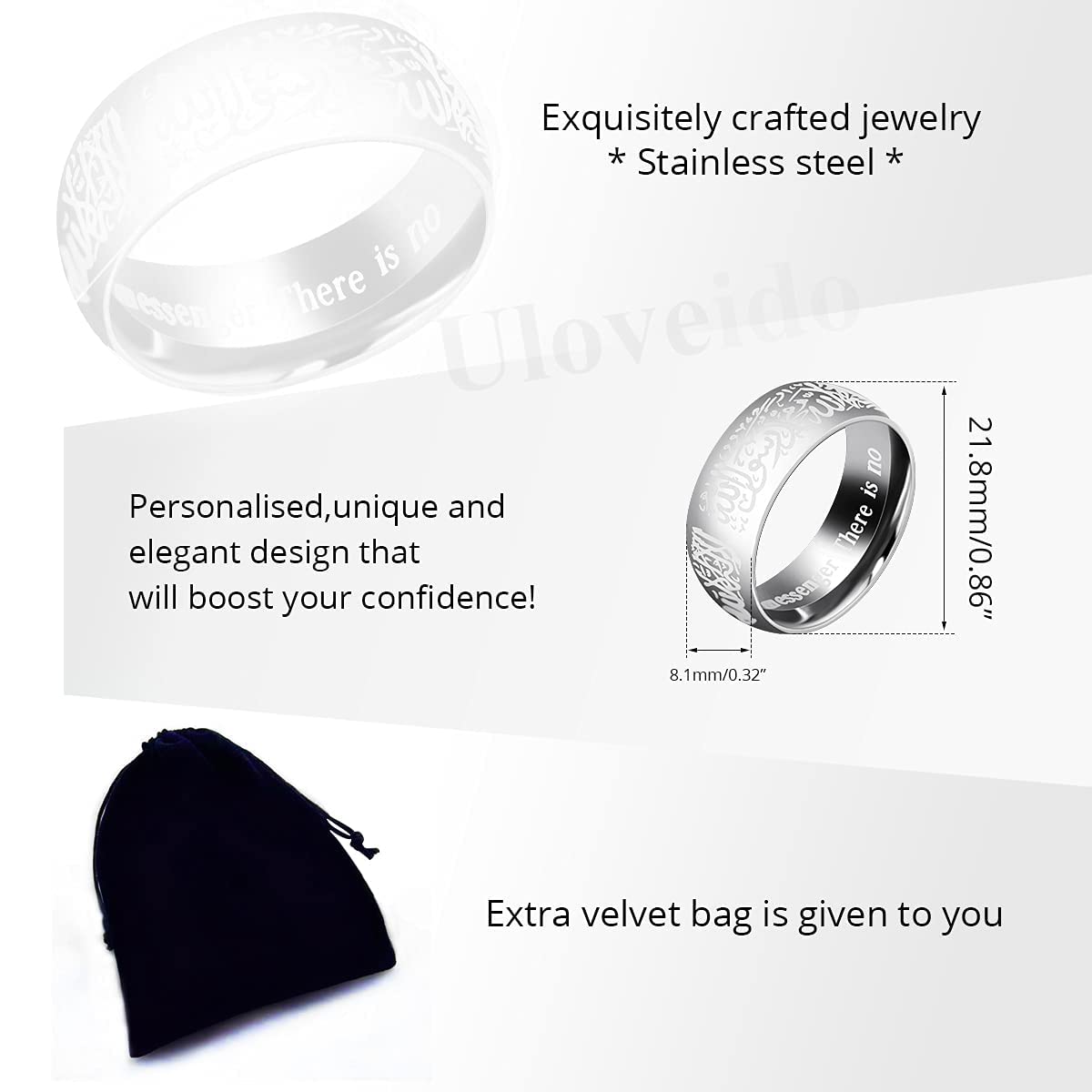 Uloveido 8mm Stainless Steel Band Islamic Muslim Muhammad Shahada Arabic God Mantra Ring In Arabic and English (Platinum Plated, size 9)
