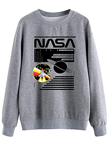 SLEITY Women Nasa Shirt Graphic Printed Sweatshirt Crewneck Long Sleeve Pullover Grey