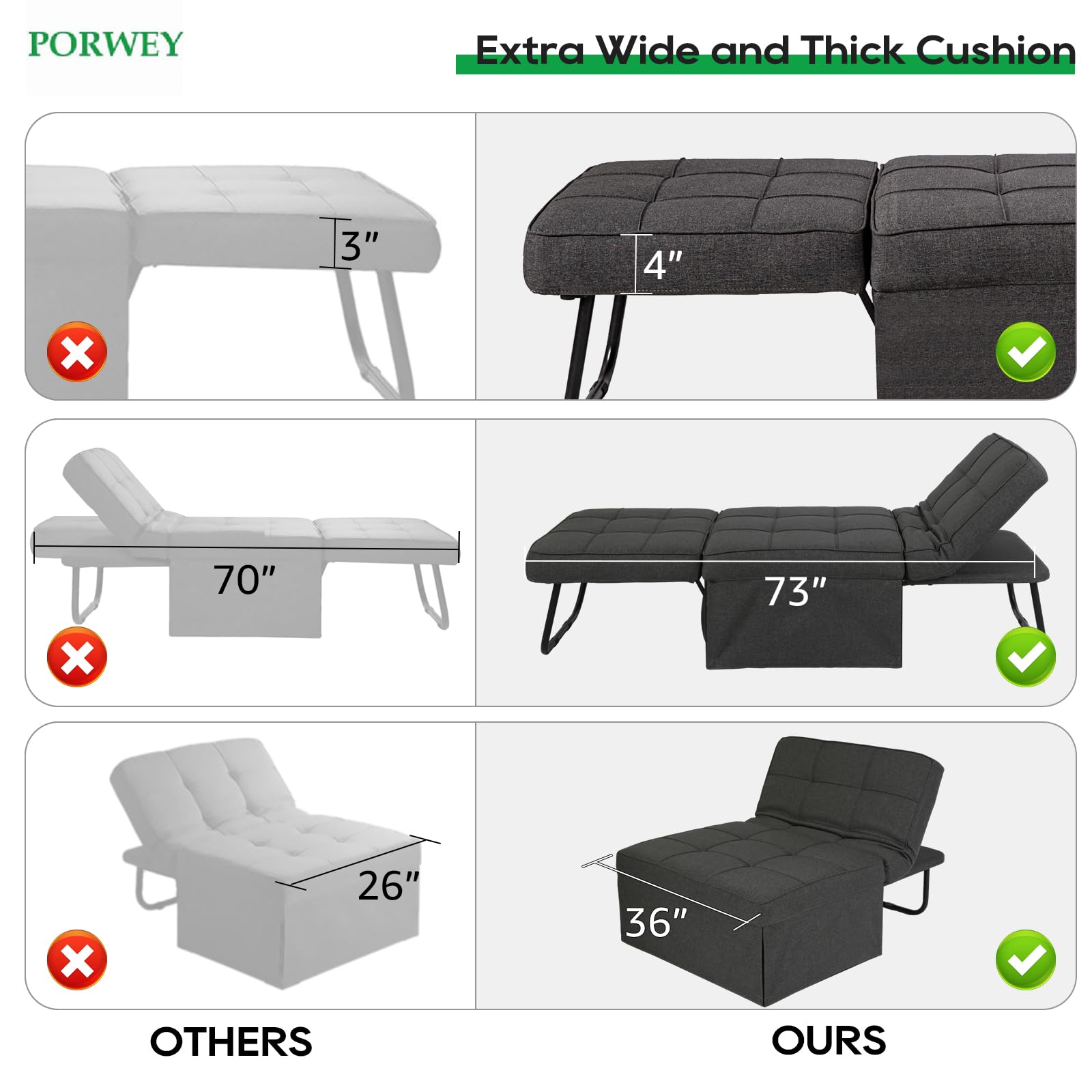 PORWEY Sleeper Chair Bed, 4-in-1 Convertible Futon Ottoman bed Sleeper, Foldable Sofa Couch with Adjustable Backrest for Guest Room/Office Living Room, No Assembly Required, 36” Width,Gray