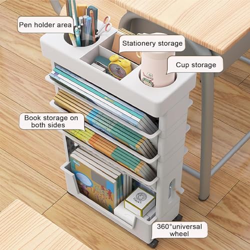 PINNKL Mobile Bookshelf on Wheels, 5 Tier Multi-Functional Movable Storage Book Shelves Rolling Utility Cart with Lockable Casters for Kids, Students, Teachers and Adult