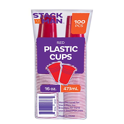Red Cups - Party Cups - Disposable Plastic Cups [16 oz - 100 Pack] Fun & Durable Party Cups for Drinking & Playing - Bulk Case of 100 Cups, By Stack Man