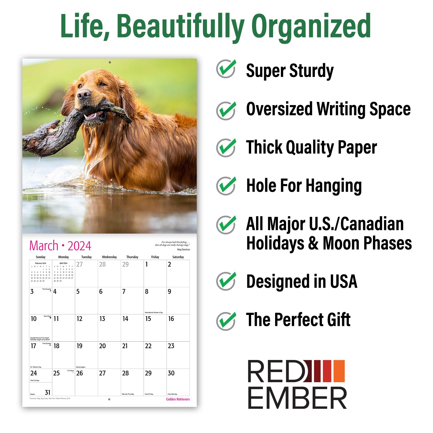 RED EMBER Golden Retrievers 2024 Hangable Monthly Wall Calendar | 12" x 24" Open | Thick & Sturdy Paper | Giftable | Cute Dog | Loveable, Easygoing Goldens