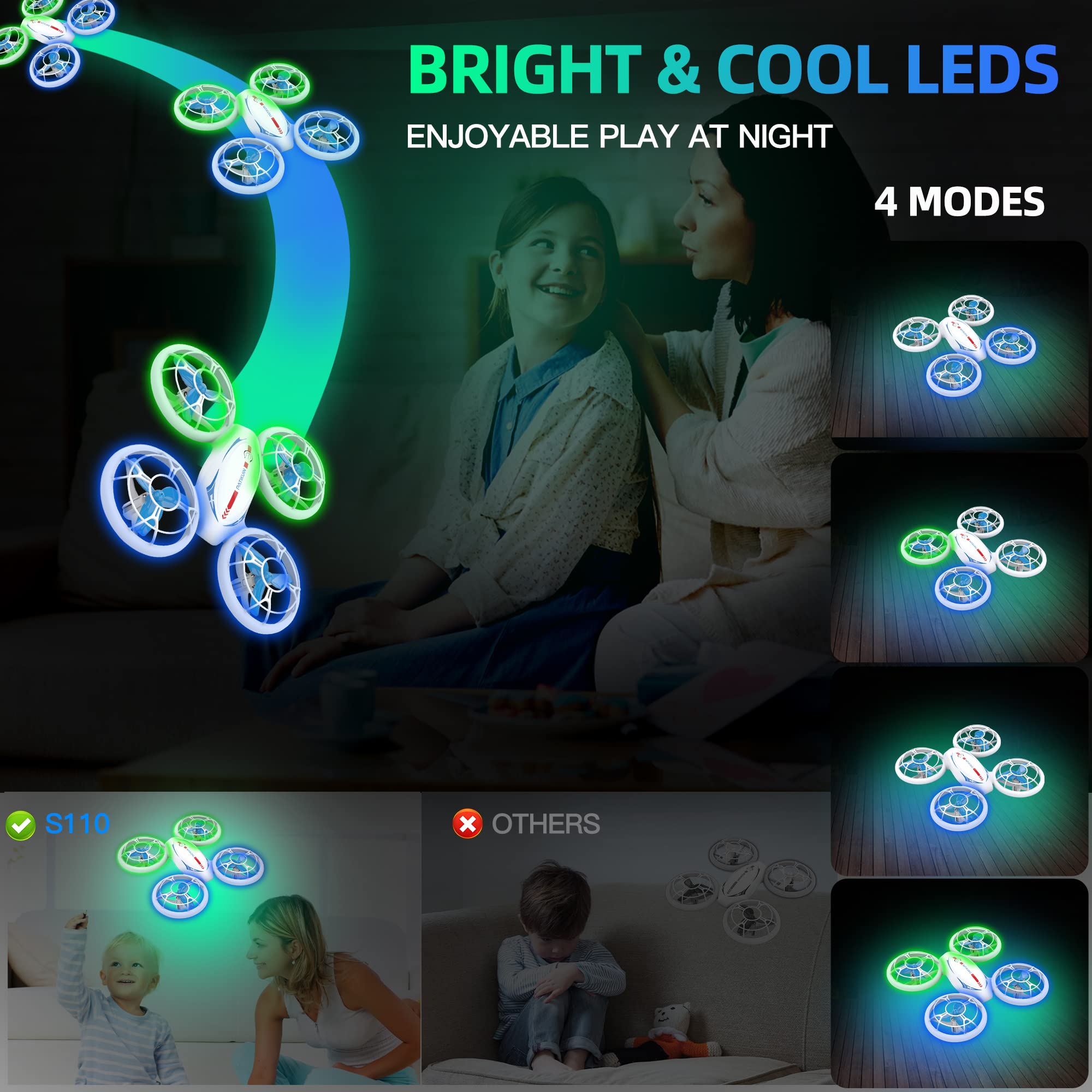 PATIKUIN Drones for Kids RC Mini Drone with LED Lights for over 8 years old Boys and Girls Beginners, RC Helicopter Quadcopter with Five Cool Light Effects, Auto Hovering, 3D Flip, Remote Control Headless Mode, Circumflight and Emergency Paddle Stop