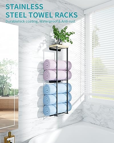 Towel Racks for Bathroom, 2 Tier Wall Towel Holder with Wood Shelf, Metal Wall Towel Rack Mounted Towel Storage for Small Bathroom (Black