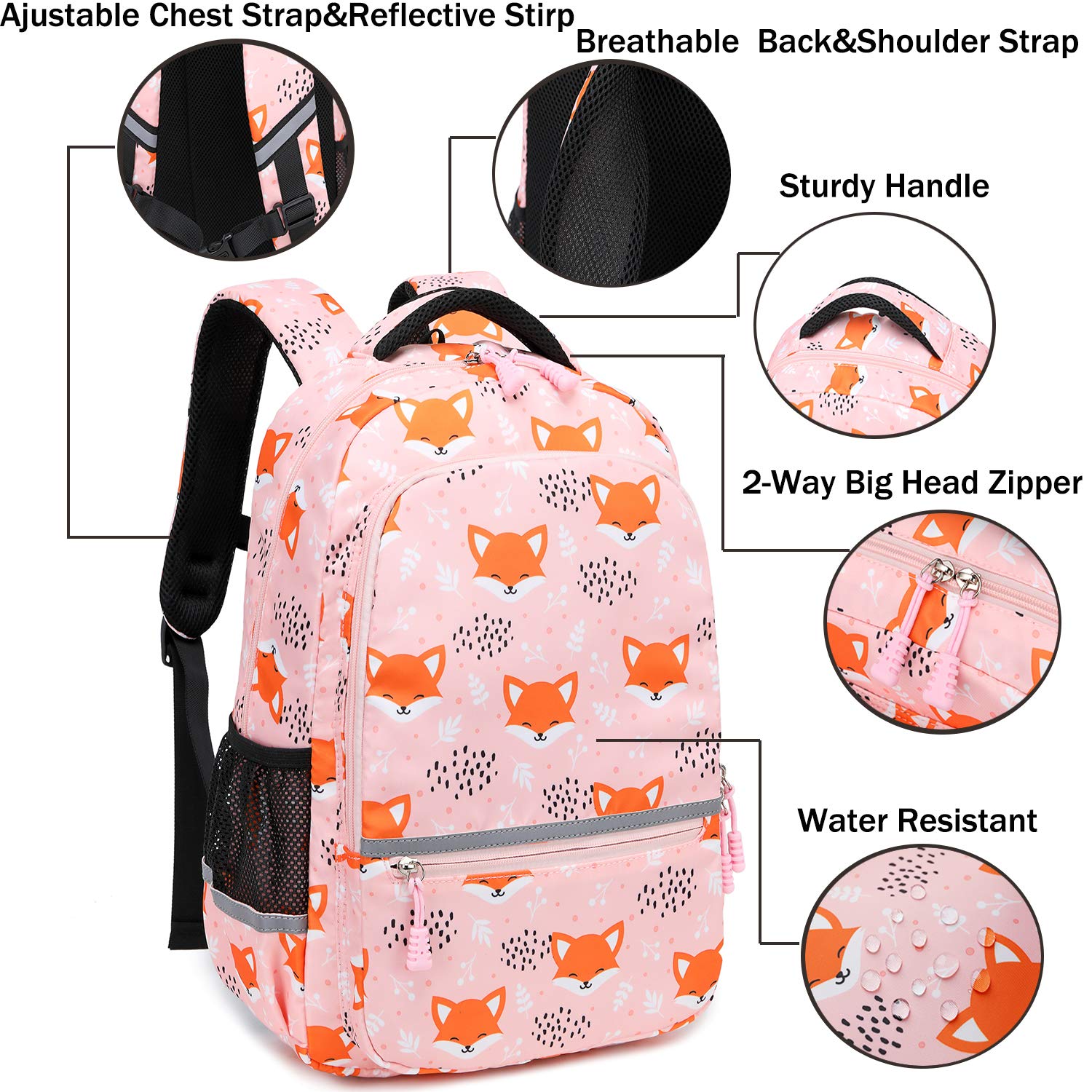 Soekidy Backpacks for Girls Fox School Bags Kids School Bags Backpack with Lunch Box and Pencil Case for Age 3+