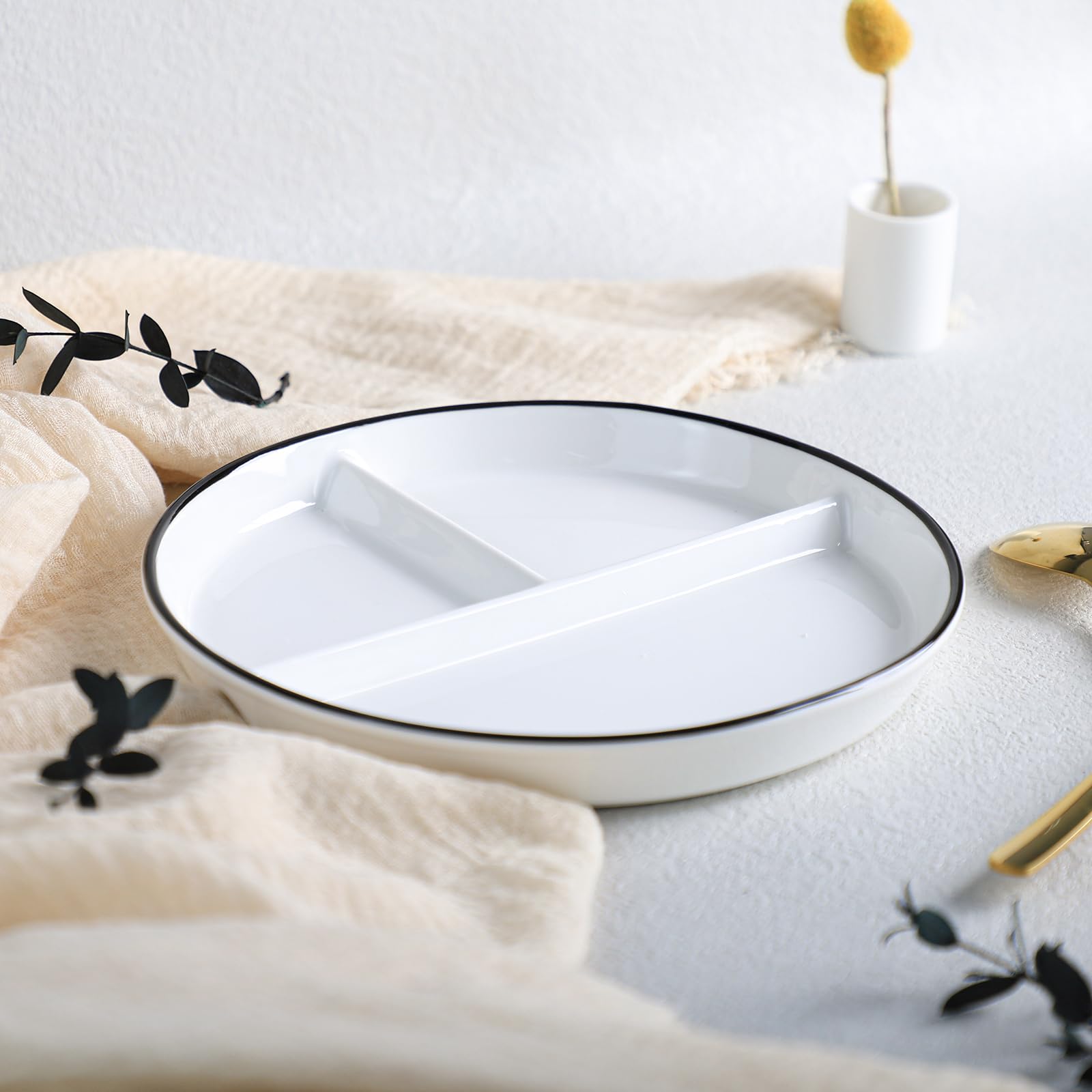 SOCOSY Ceramic 3-Compartment Portion Control Plate Divided Dish Platters, Divided Dessert Plate Salad Plate Dinner Plate Snack Dishes, Appetizer Serving Trays, 1 PCS-White-8 Inch