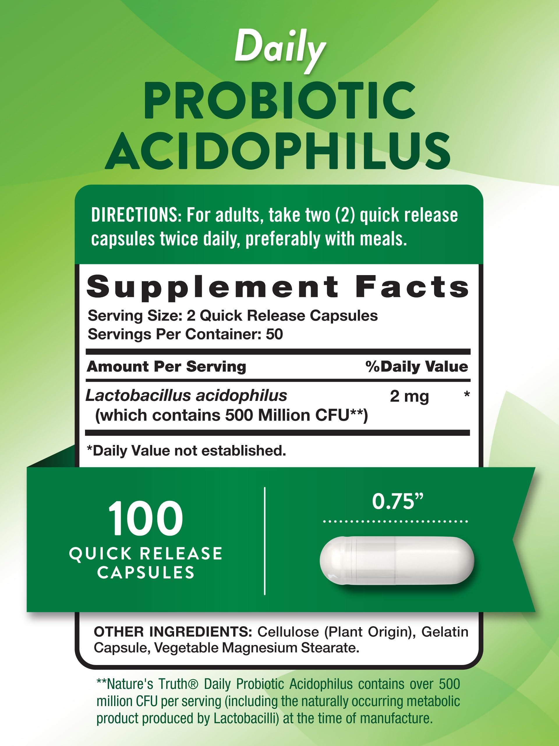 Probiotics For Men and Women Digestive Support | 500 Million CFU | 100 Capsules | Acidophilus | By Nature's Truth