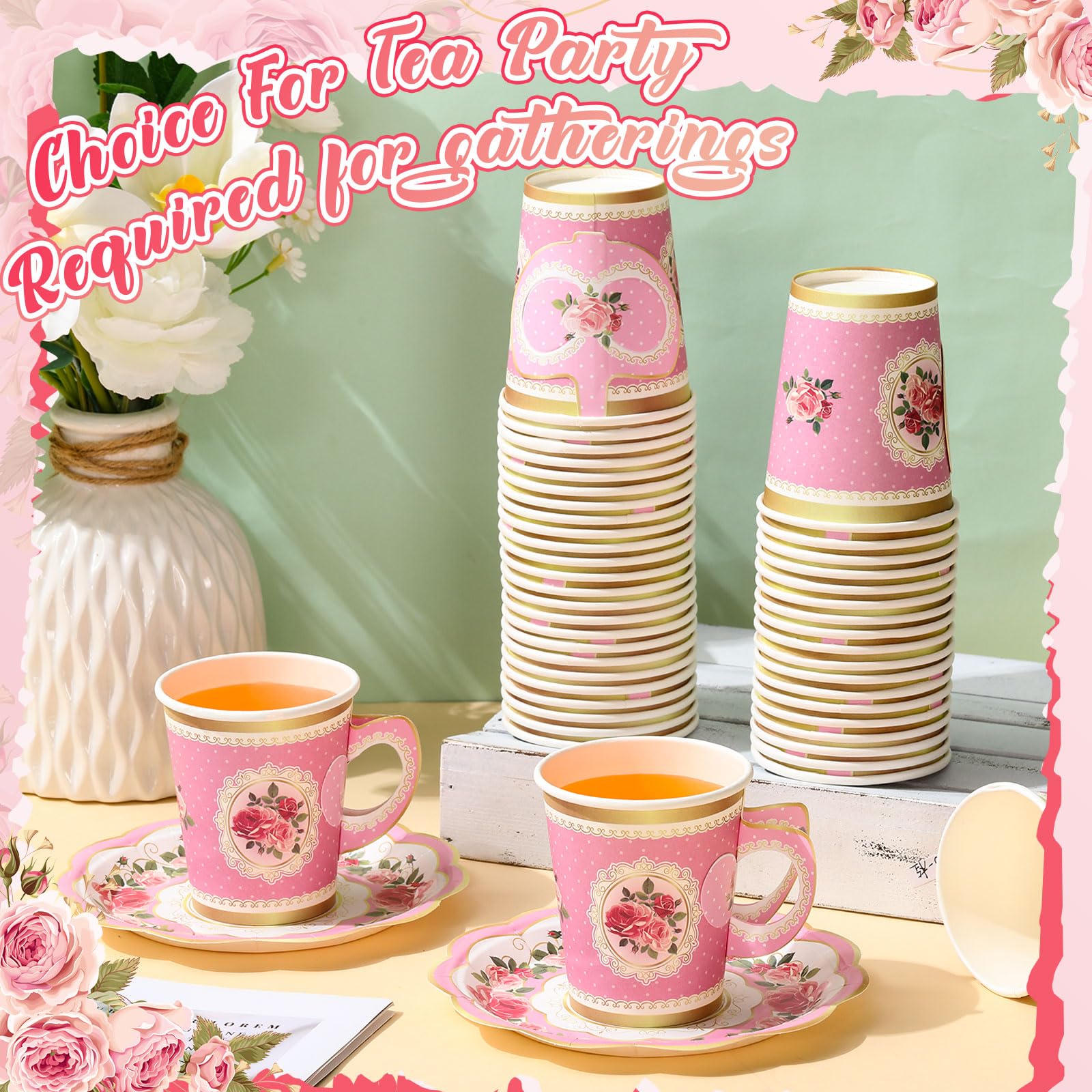 Tioncy 100 Pcs Tea Party Decorations Include 50 Pieces 9 oz Floral Paper Tea Cups with Handle and 50 Plates Disposable Blossom Teacups and Saucers Sets for Girls Birthday (Floral)
