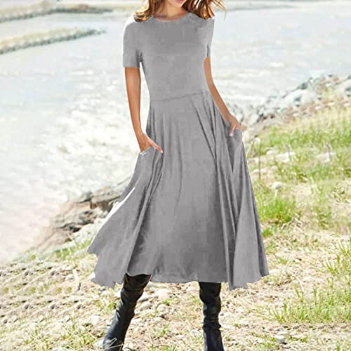 Womens Casual Short Sleeve Crew Neck Solid Color Swing Dress Boho Fold Dress with Pocket