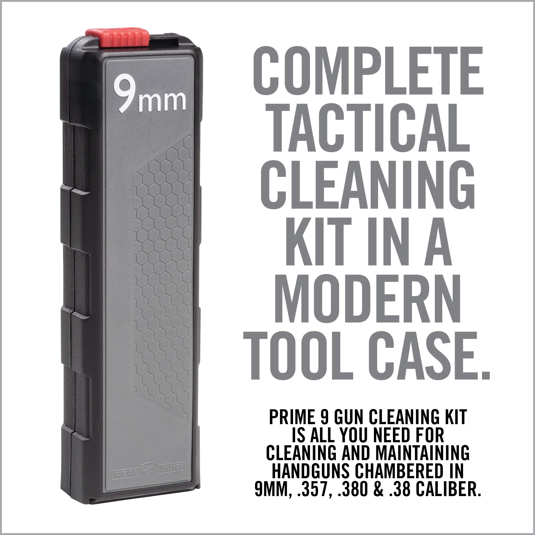 Real Avid 9mm Cleaning Kit for 9mm .357 & .38 Caliber Gun Cleaning | Complete Glock Cleaning Kit & Pistol Cleaning Kit with Bore Brush, Jag, Bore Mop, Cleaning Rod & Gun Cleaning Patches,Charcoal