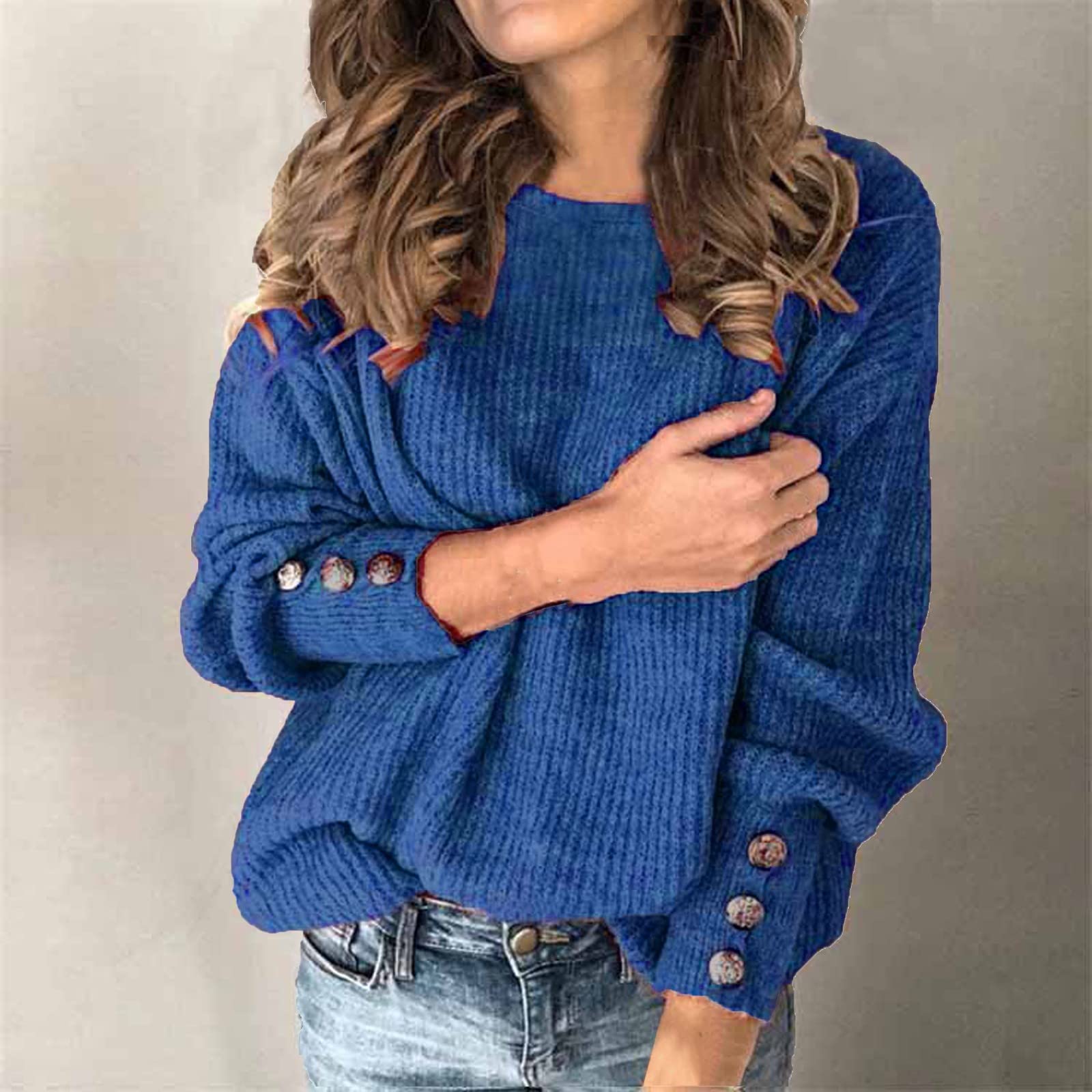 Womens Sweatshirt Crew Neck Long Sleeve Solid Color Pullover Blouse Striped Knitted Lantern Sleeve Button Warm Comfortable Fashion Casual Slim Sweater