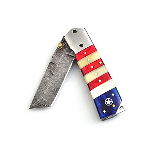 W Trading Custom Hand Made Damascus Steel Blade Gorgeous Folding Hunting Knife AMERCIAN FLAG, Liner Lock with Leather Pouch. ZE-5125-AF