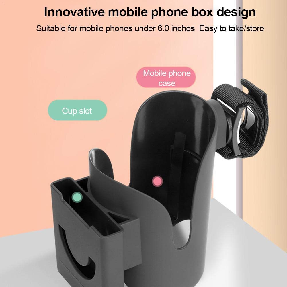 Stroller Drink Holder, 2-in-1 Universal Bottle & Phone Stroller Storage Rack, Large Caliber Cup Holder for Buggy, Bike and Wheelchair