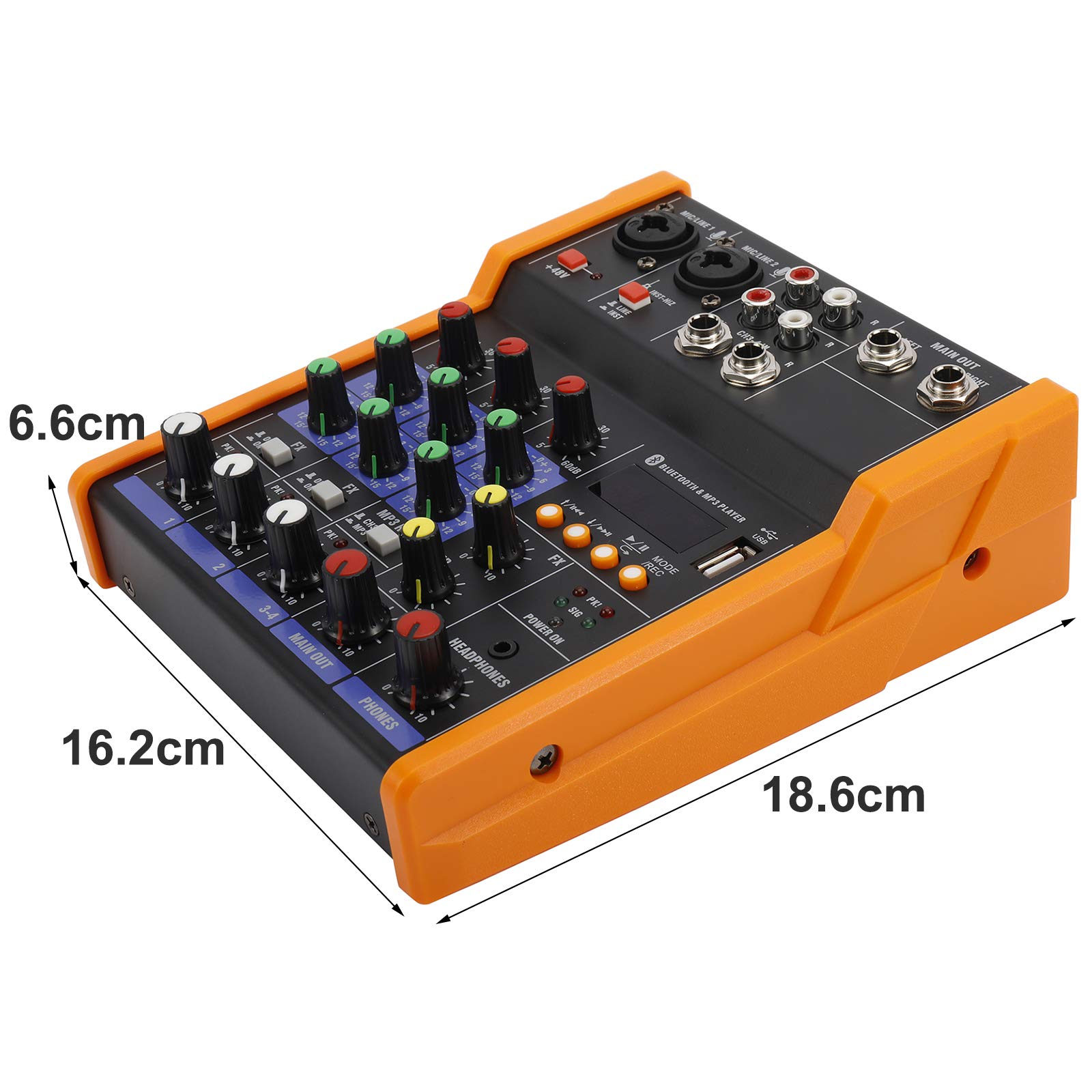Patioer 4 Channel Audio Mixer Sound Board, Portable Sound Mixing Console with Sound Card, USB Audio Interface, DSP Processor, 48V Phantom Power Mixer for DJ Console Karaoke Recording Studio