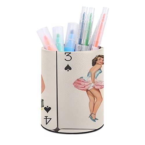 Poker Pinup Girls Pen Holder PU Leather Pencil Cup Cute Desk Organizer Makeup Brush Box for Home Office