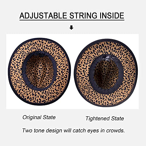 UTOWO Two-Tone Felt-Fedora-Panama-Hats-for-Women-Men, Wide Brim Black & Leopard Patchwork Fedora Jazz Cap