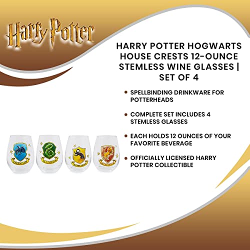 Toynk Harry Potter Hogwarts House Crests 12-Ounce Stemless Wine Glasses | Set of 4