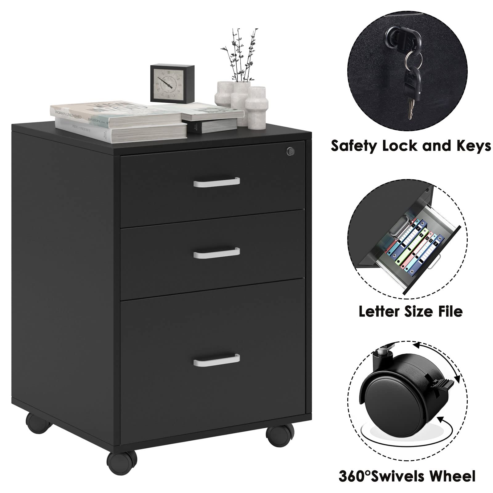 SogesHome File Cabinet with 3 Drawers, Office Storage File Cabinet on Wheels, Under Desk Filing Drawer Storage for Home (Black)
