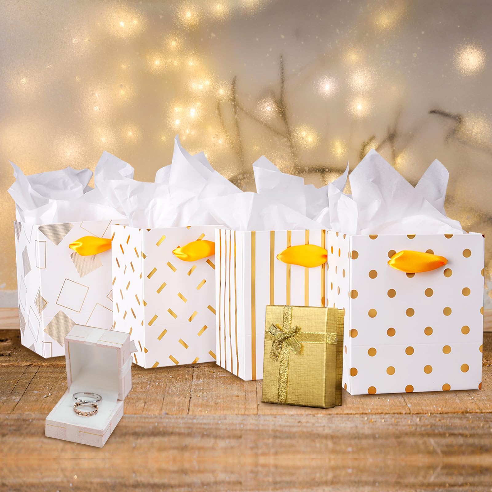 Plauthus 16 Pack Mini Gift Bags with Handles & Tissue Paper, Cute Assorted Pattern Small Gift Bags for Christmas, Holiday, Wedding, Baby Shower, Birthday Party (Gold & White-4.5β x4β x2.75β)