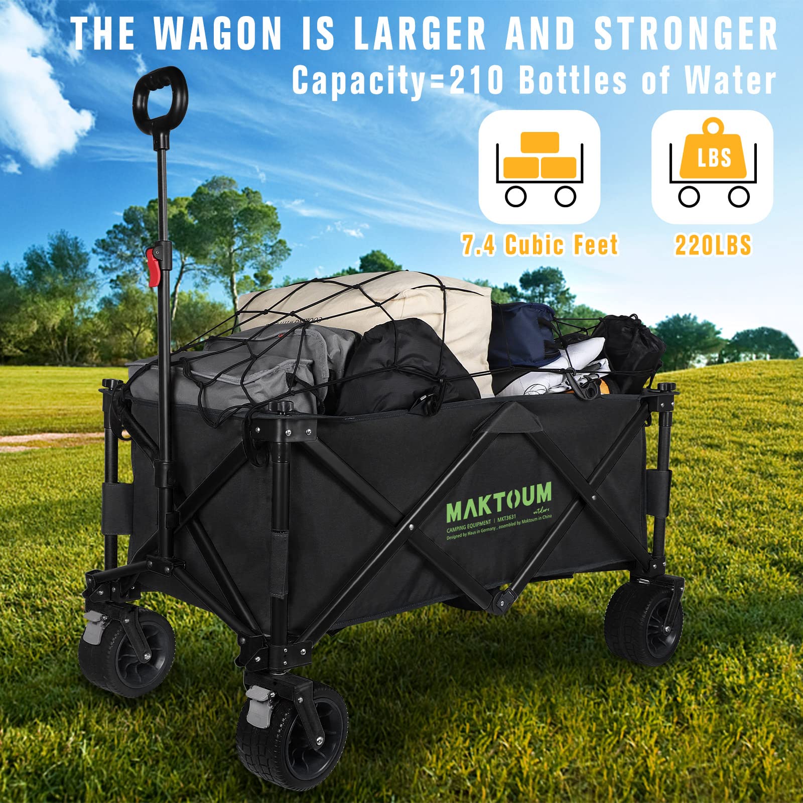 Pioneeryao Collapsible Wagon Cart Heavy Duty Outdoor Folding Utility Wagon Beach Wagon with Big Wheels for Camping Beach Garden