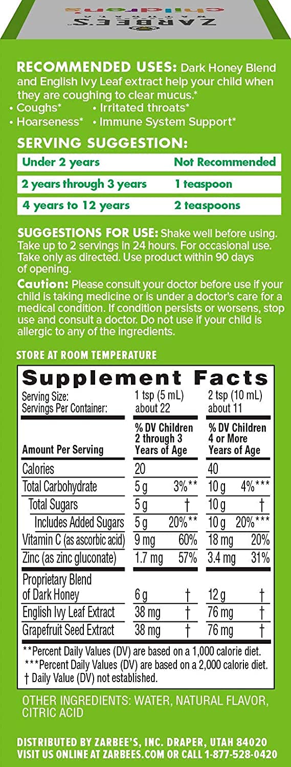 Zarbee's Natural Children's Cough Syrup + Mucus With Dark Honey Natural Grape Flavor- 4oz, Pack of 3