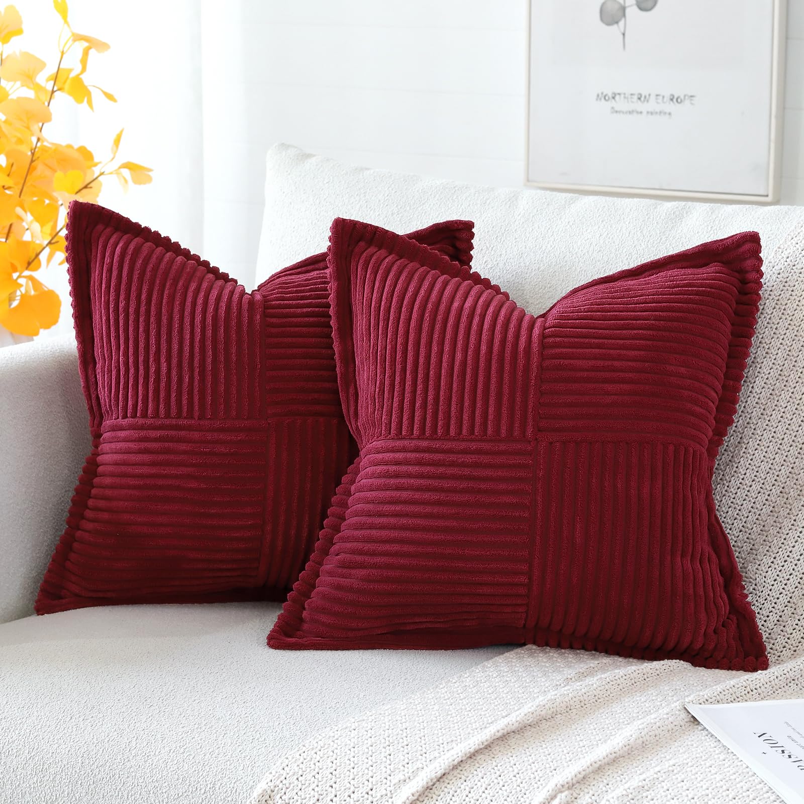 OTOSTAR Set of 2 Corduroy Throw Pillow Covers with Splicing Super Soft Boho Striped Pillow Covers Broadside Decorative Textured Throw Pillows for Couch Sofa Bed Living Room 18x18 Inch, Burgundy