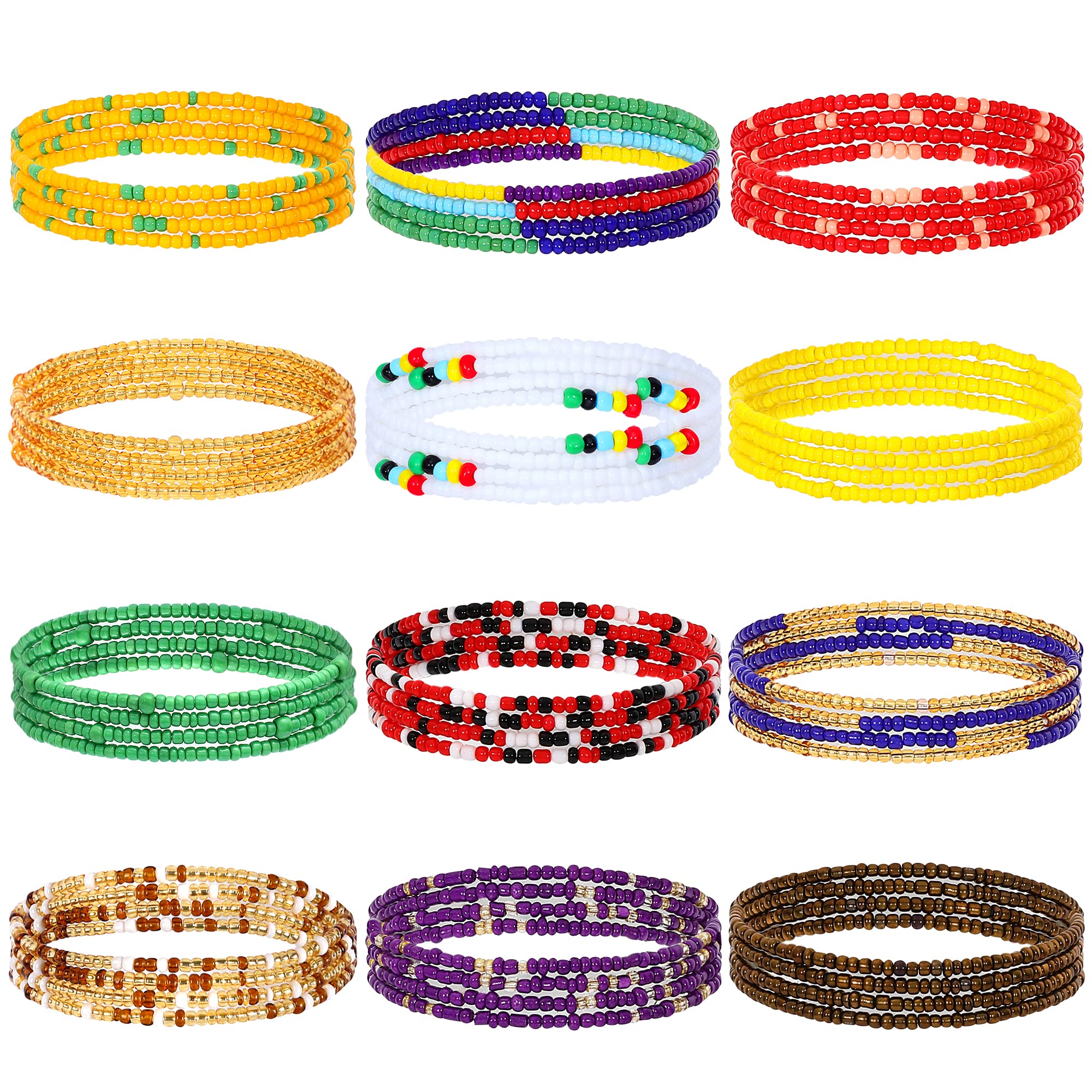 ZOERAY 12Pcs Waist Beads for Women, African Stretchy Belly Beads Colorful Body Chains Waist Jewelry for Women, Plus Size 31.5 inch-43.5 inch