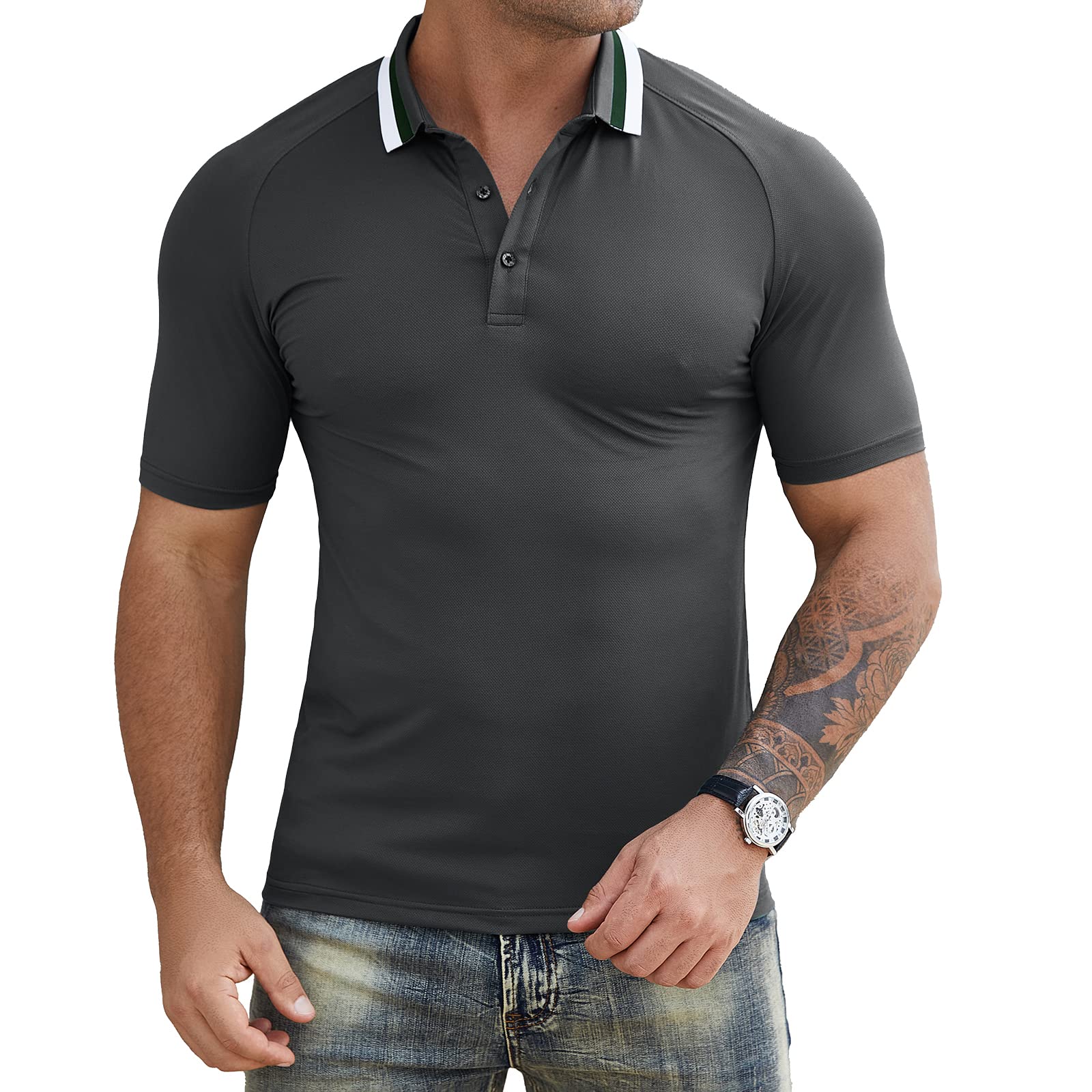 ZARWING Men's Dry Fit Golf Polo Shirt Slim Fit Collared Shirts Short Sleeve (as1, Alpha, l, Regular, Regular, Grey04)