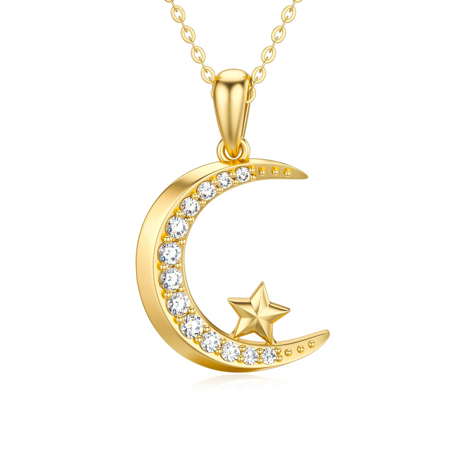 SISGEM 14k Gold Diamond Moon Pendant Necklace for Women, Real Gold Moon and Star Jewelry Anniversary Present for Wife, Gifts for Her, (0.18 ct) 16-18 Inch