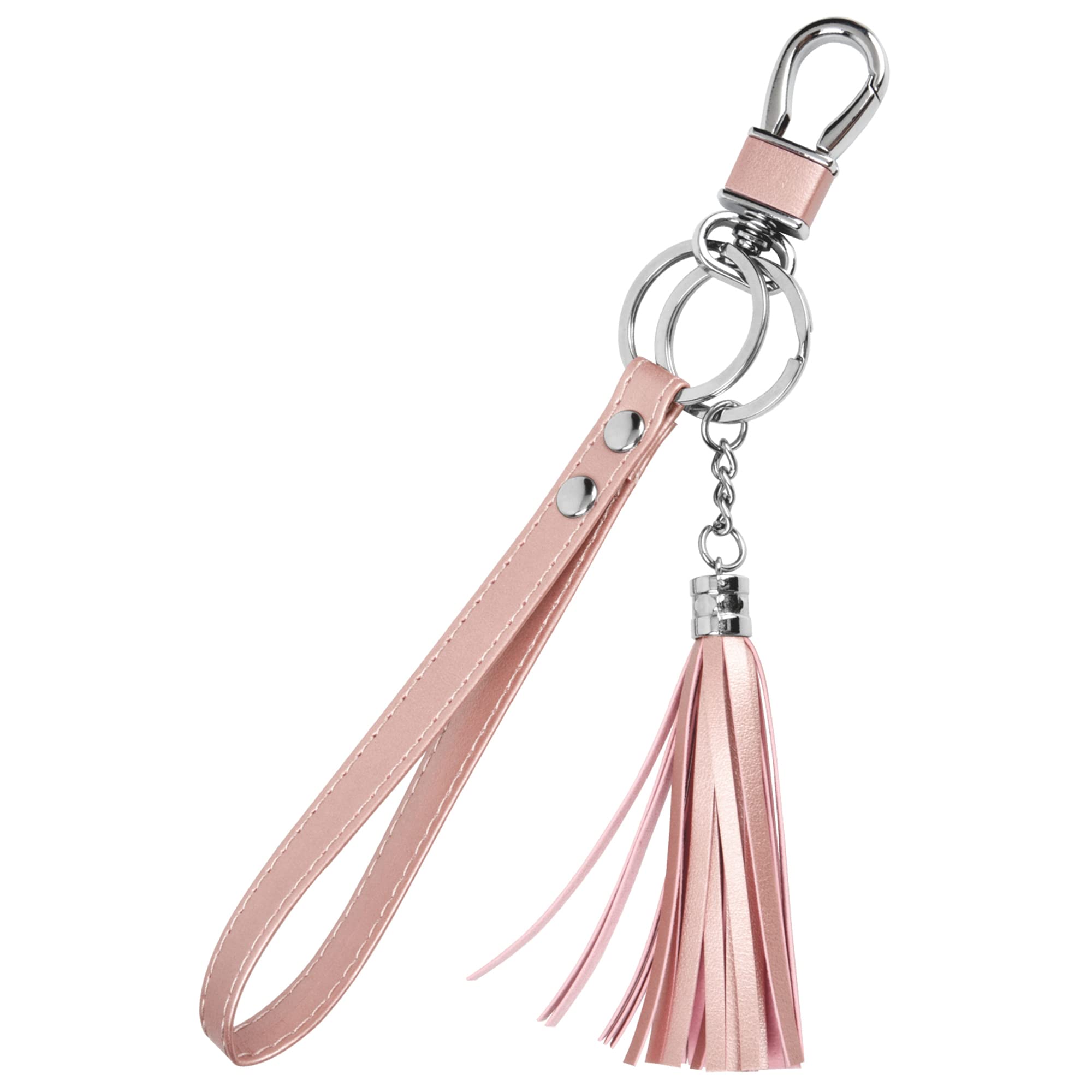 Teskyer Wristlet Strap for Key, Hand Wrist Lanyard Key Chain Holder with Tassel and Flat Alloy Key Rings, Rose Gold