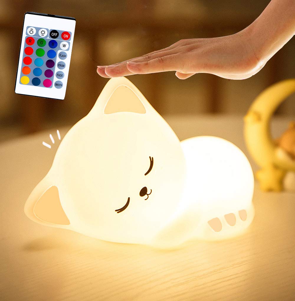 Weyruoan Night Light for Kids, Color Changing Soft Silicone Baby Nursery Night Lights Cat Lamp Remote Control and Rechargeable,Cute Room Decor for Teen Girls Boys
