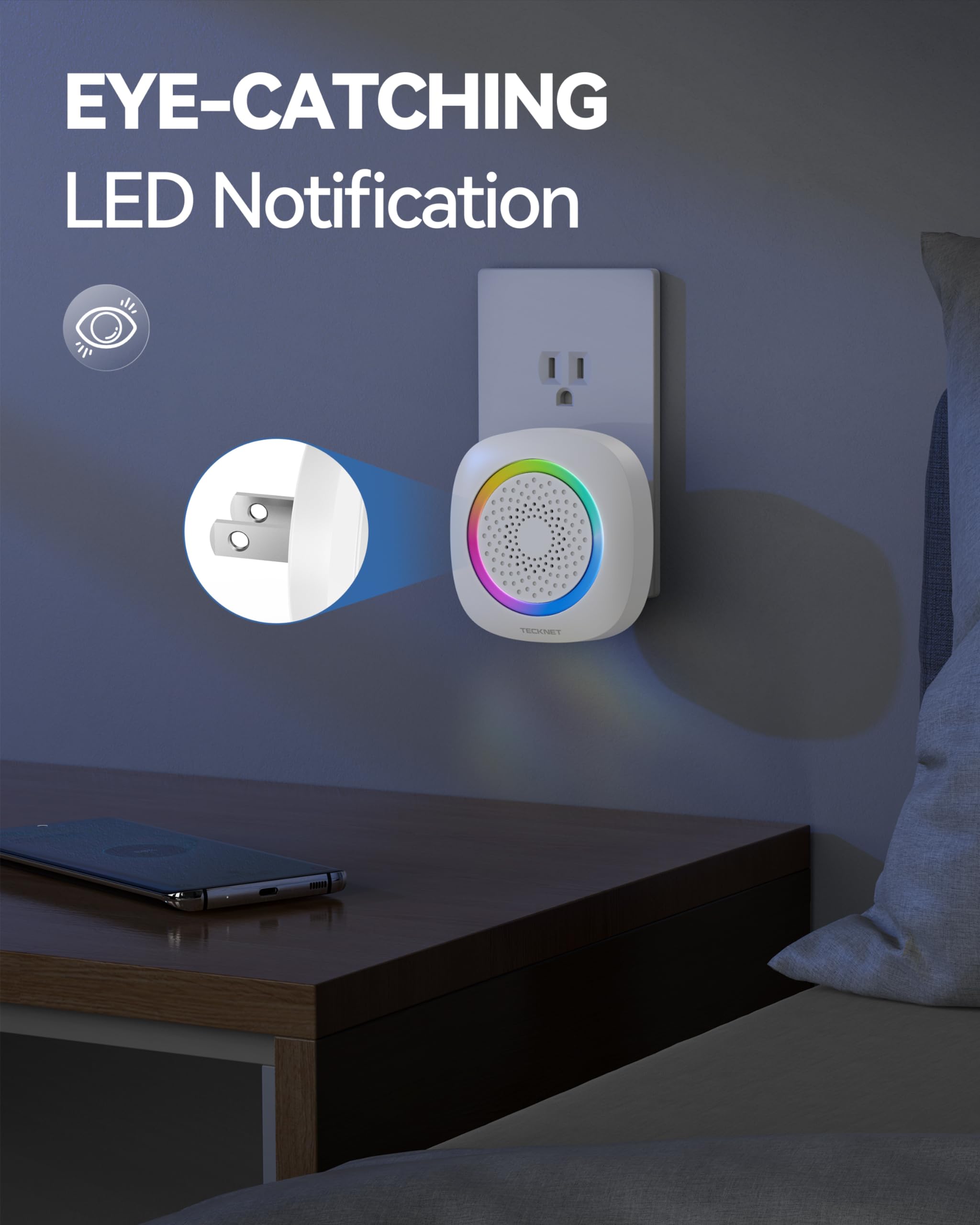 TECKNET Wireless Doorbell, Plug and Play, IP66 Waterproof Doorbell with RGB Light, 1300ft Door bell Kit, 60 Chimes & 5 Level Volume, 4.5 Years Using Time Cordless Doorbell for Classroom, Home