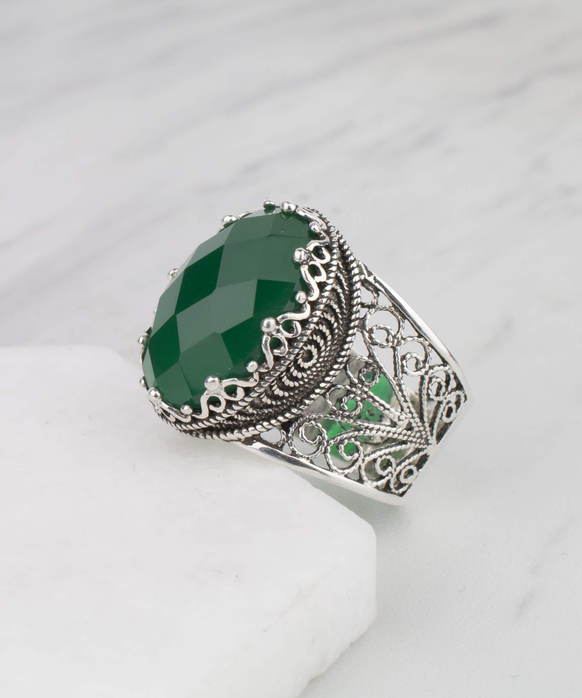 Ottoman Silver Collection 925k Sterling Silver Handmade Artisan Crafted Oval Filigree Ring with Green Agate Gemstone Unique Eyecatcher Designer Gift For You and Your Precious Beloved (Size 5-12) (10)