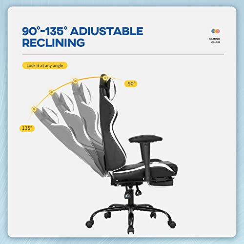 PC Gaming Chair Ergonomic Office Chair Racing Computer Chair with Lumbar Support Headrest 2D Armrest Footrest Task Rolling Swivel Ergonomic E-Sports Adjustable Desk Chair for Men Gamer(White)