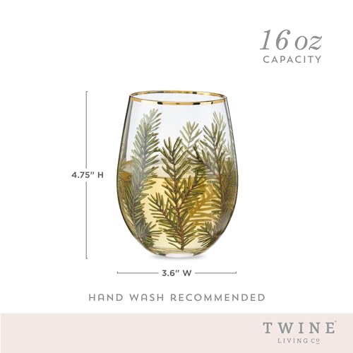 Twine Woodland Stemless Wine Glasses, Festive Gold Rim Tumblers, Decorative Barware, 16 Oz Set of 2