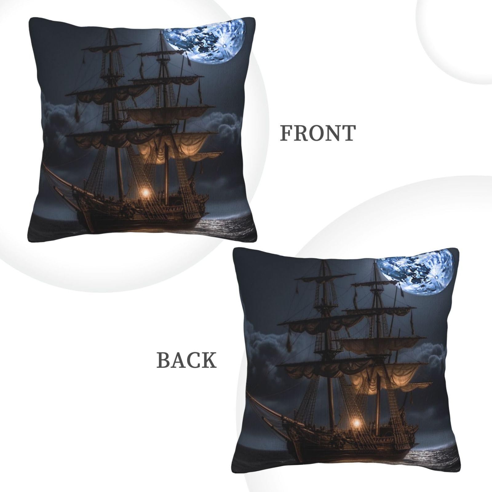 Pirate Sailboat Full Moon Print Throw Pillow Cover Corduroy Soft Pillowcase with Hidden Zipper Decorative Cushion Covers for Sofa Living Room Home Decors 16"X16"