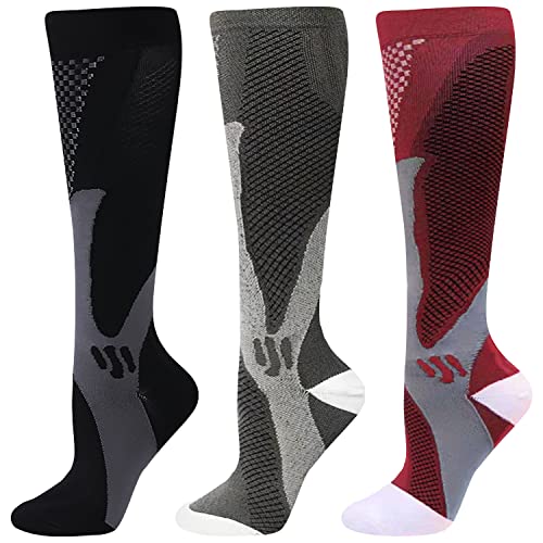 ZFiSt 3 Pair Sport Compression Socks Men Women, Compression Stocking Nurse Socks for Edema Travel(Black+red+grey,XXL)