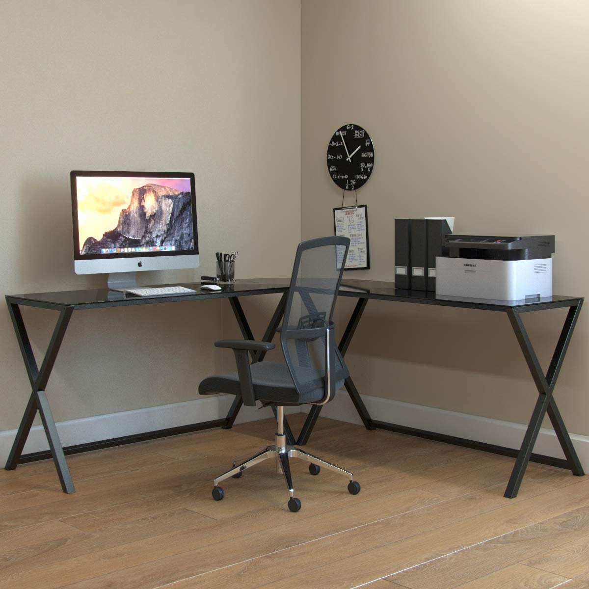 Ryan Rove Keeling X Glass Large Modern L-Shaped Desk Corner Computer Office Desk for Small PC Laptop Study Table Workstation Home Office with Keyboard Shelf - Black Frame, Black Glass