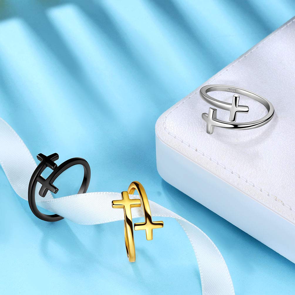 Sterling Silver Polished Cross Ring Mens Adjustable Double Wrap Sideways Cross Ring for Women Daughter friend Easter Gift Amulet Jewelry for Wedding Engagement FR0009W