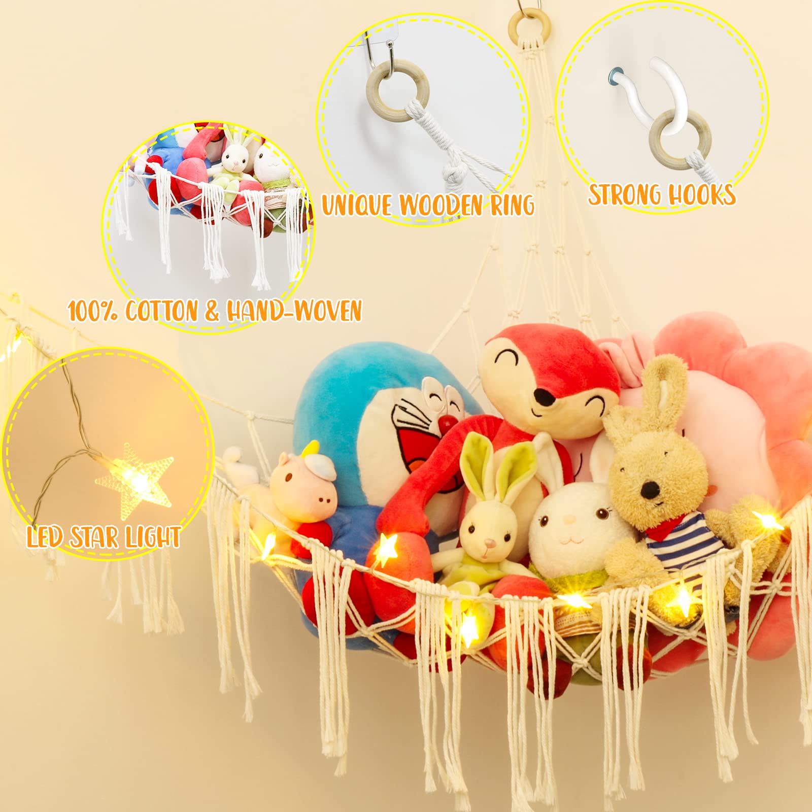 Stuffed Animal Hammock with LED Light, PChero Boho Macrame Stuff Animals Hanging Net Holder with Hooks, Plush Toy Storage Organizer for Kids Room Bedroom Nursery Playroom Wall Corner Décor