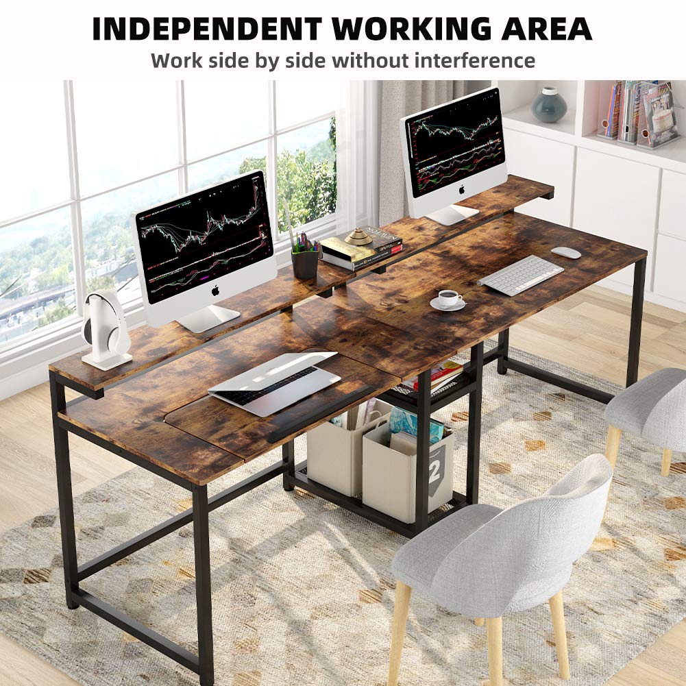 TIYASE 78.7 inch Double Computer Desk with Storage Shelves, Extra Long Two Person Desk with Hutch, Double Workstation Home Office Desk Writing Table with Tiltable Tabletop and Monitor Stand(Rustic)