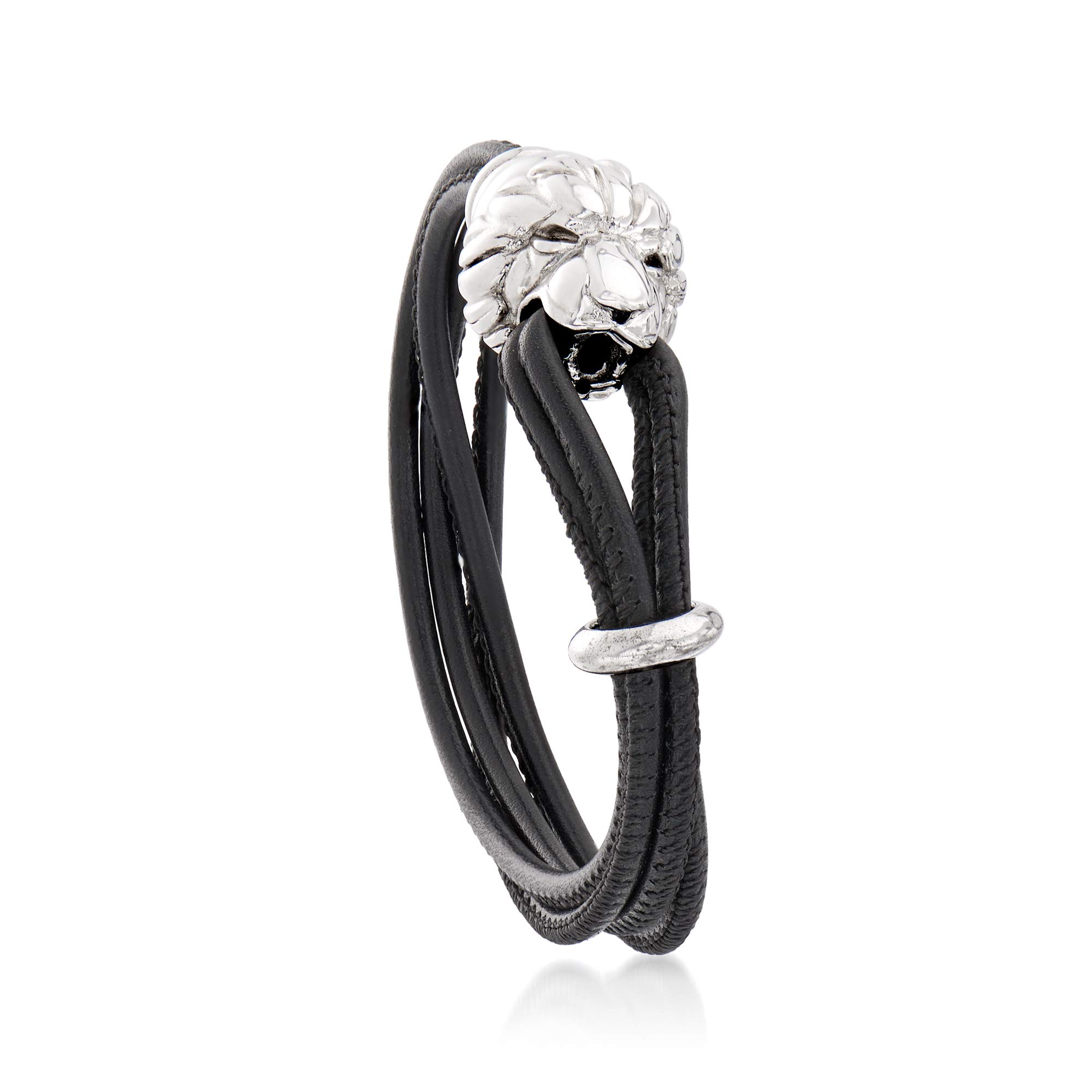 Ross-Simons Italian Sterling Silver Lion Bracelet With Black Leather. 7 inches