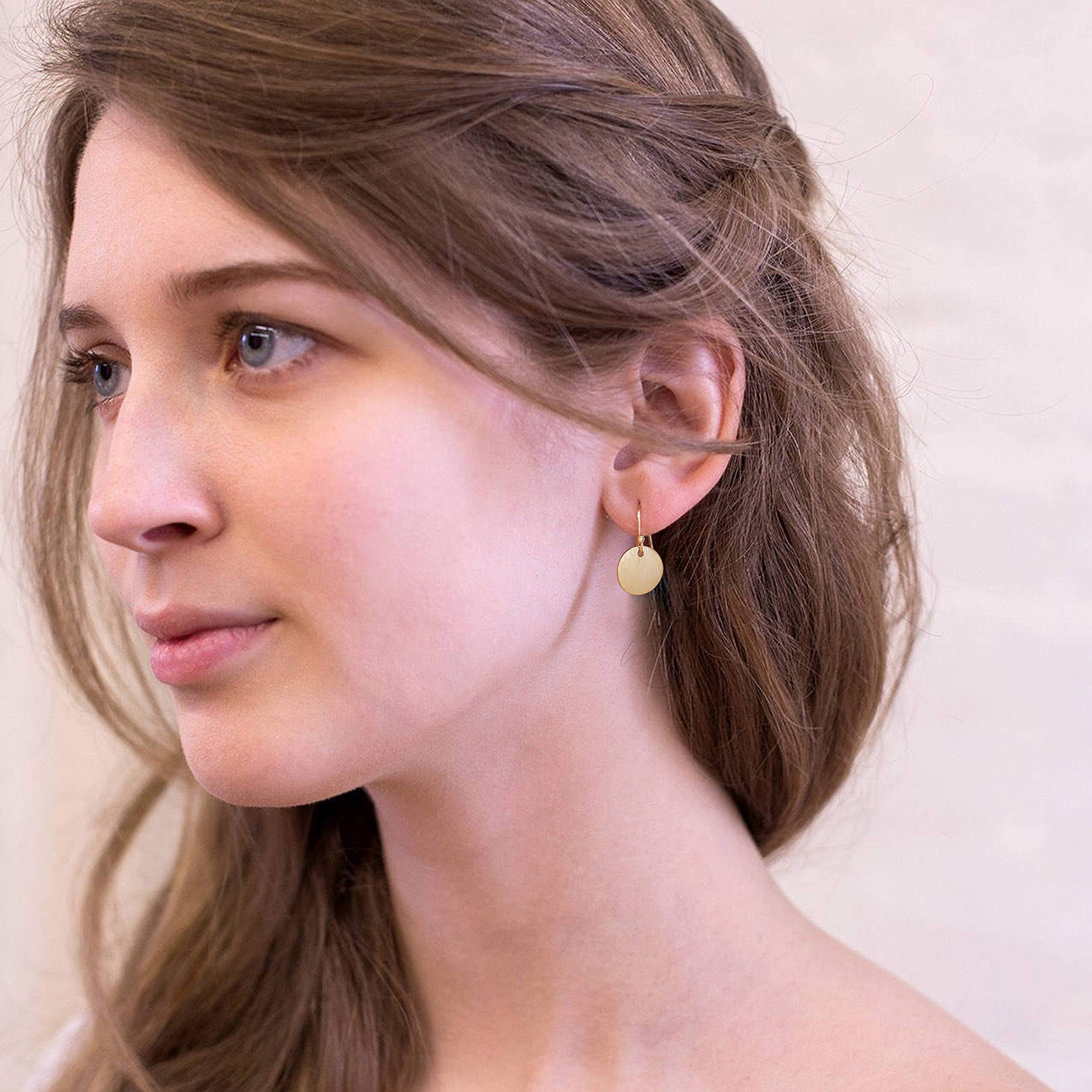 POTESSA 18K Gold Circle Disc Dangle Earrings Brushed Small Round Coin Hoop Earrings for Women Minimalist Lightweight Statement Jewelry