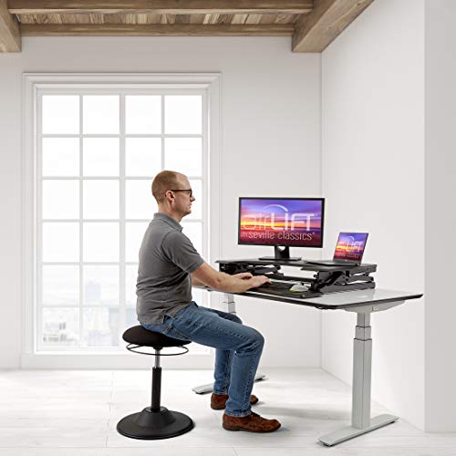Seville Classics Airlift Height Adjustable Sit Converter Workstation Standing Ergonomic Dual Monitor Riser Keyboard Tray & Phone/Tablet Holder, Cut-Out Desk 35", Black