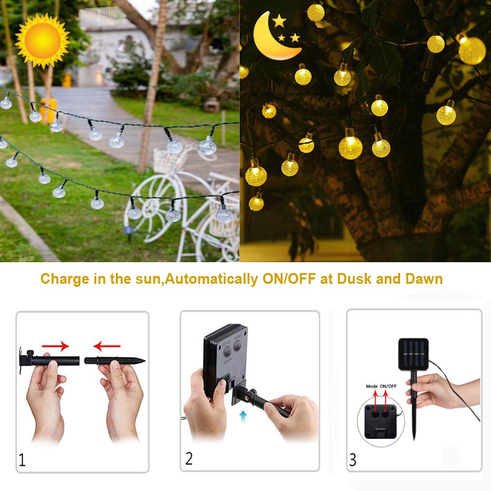 Solar String Lights Outdoor, 50 LED 24.6Ft Crystal Balls Waterproof Globe Solar Powered Fairy String Lights for Bedroom Garden Yard Home Patio Wedding Party Holiday Decoration