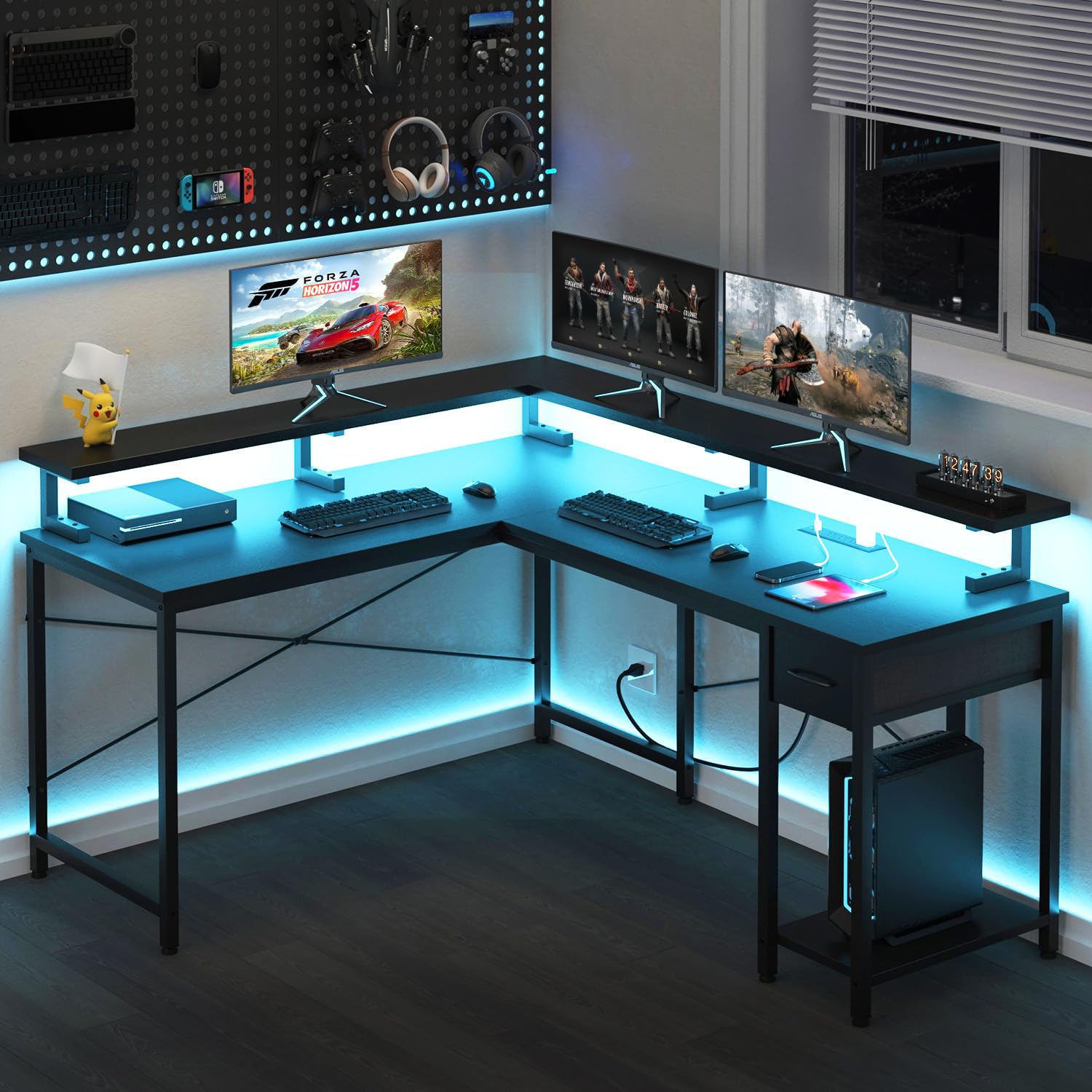 RAGIFEN L Shaped Desk with Power Outlets & LED Strips, L Shaped Computer Desk with Drawers, Gaming Computer Desk with Monitor Stands Home Office Desk with CPU Stand, Easy to Assemble, Black