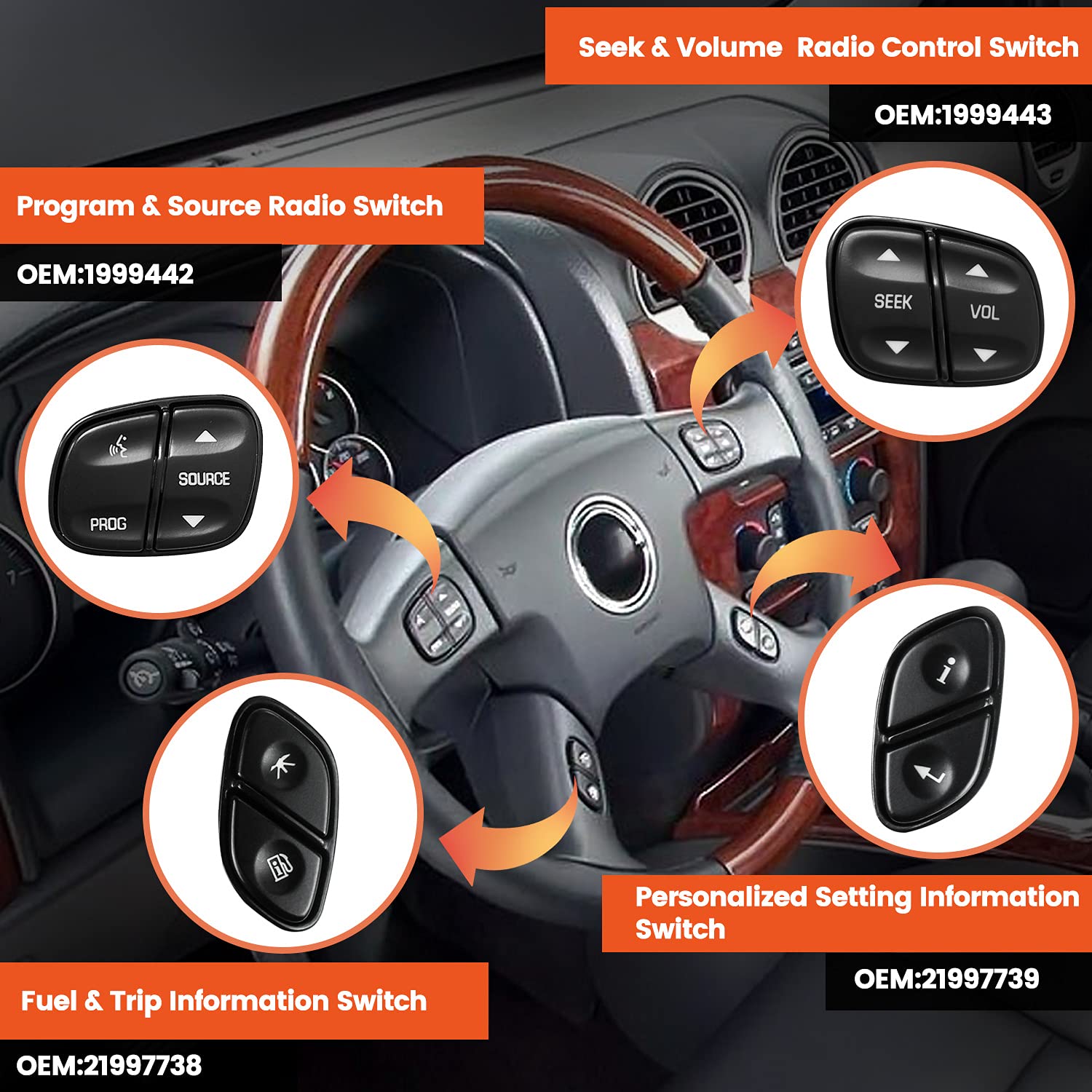 Steering Wheel Radio Volume Control Switch Buttons for Chevy Silverado Suburban for GMC Yukon Sierra,for Trailblazer Envoy, 4PCS Replaces# 21997738, 21997739, 1999442, 1999443