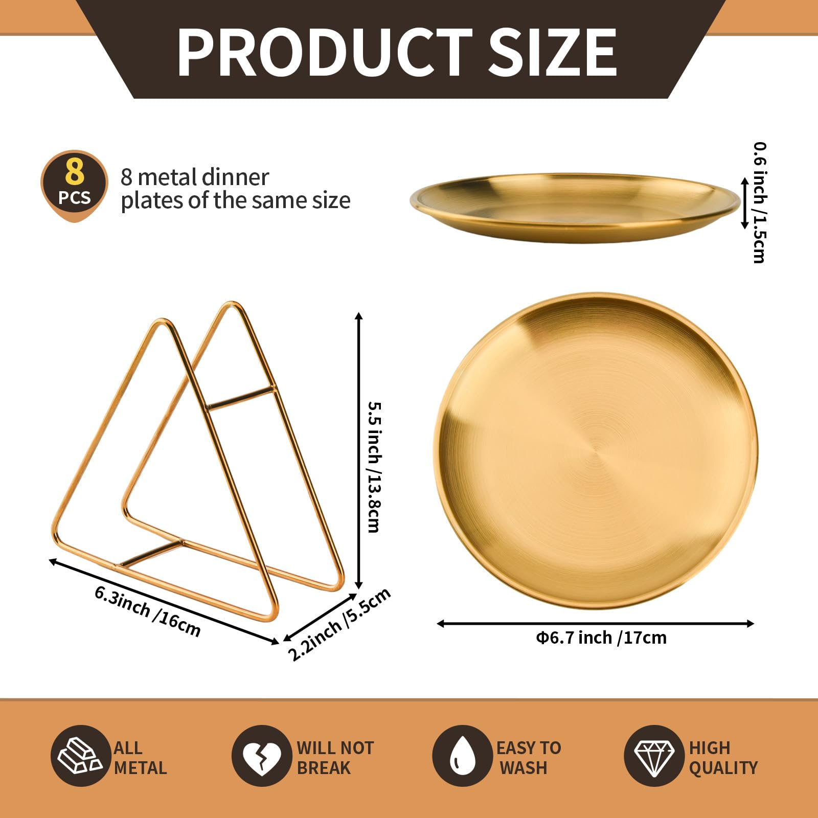 No Name No Seal 8-piece 6.5-inch appetizer plate with stand set Gold silver stainless steel round plates Suitable for cakes desserts, salads, dips, snacks, side dishes (Gold, 6.5inch)