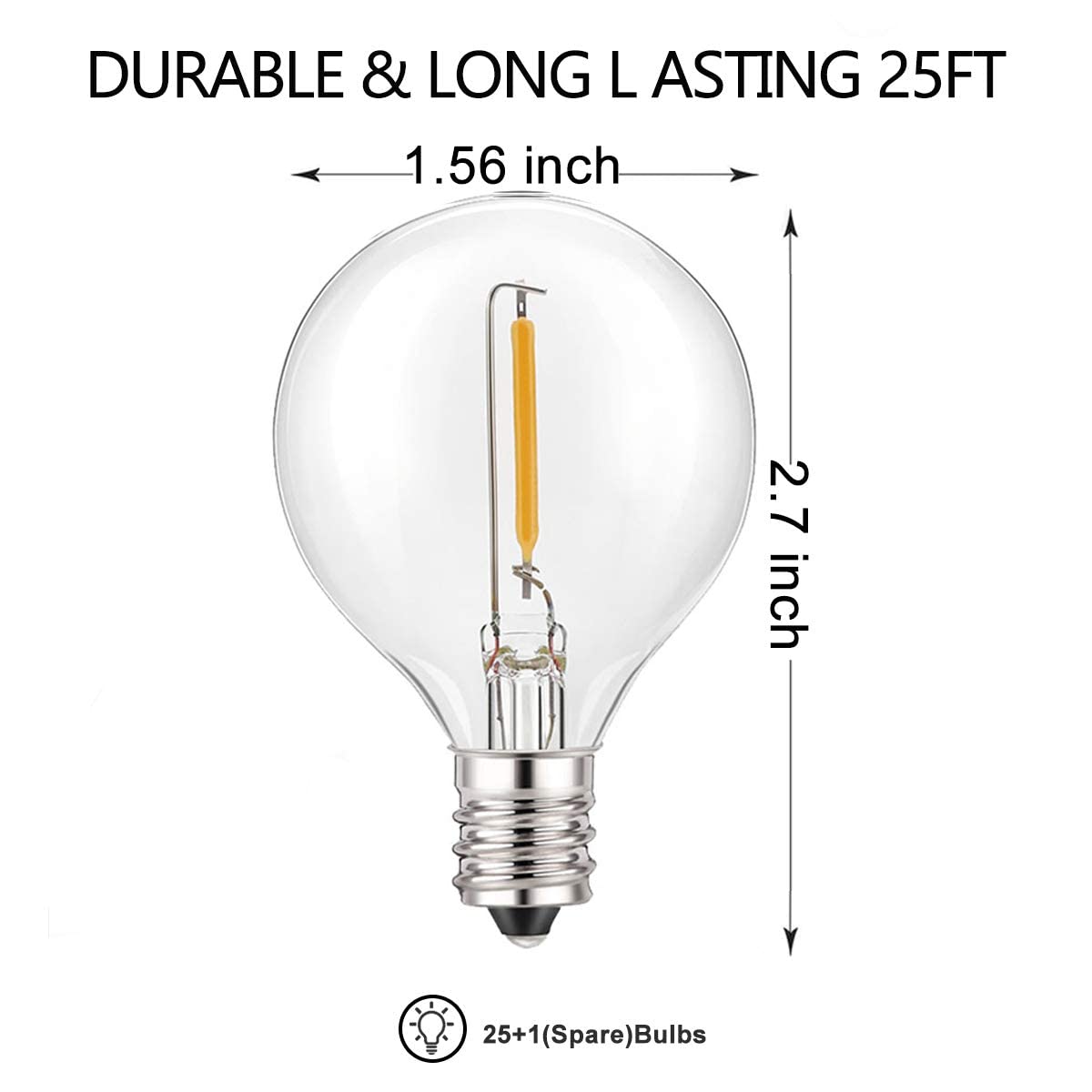 Solar Outdoor String Lights, 25Ft Globe Patio Lighting with 25 G40 LED Bulbs + 1 Spare Bulb, Waterproof String Lights for Indoor Outdoor Garden Backyard Patio Cafe Umbrella Lamp Party Lights Decor